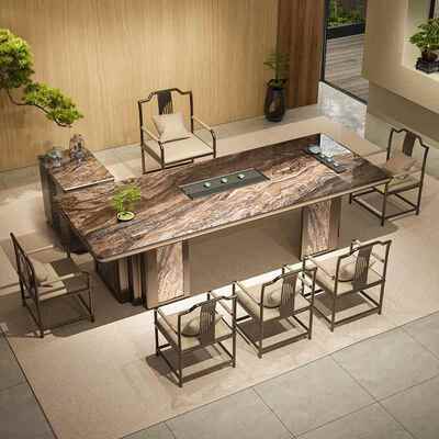 木岩板茶桌新款高端QGC代简约现新中式实纹理岩配板大板茶台烧水