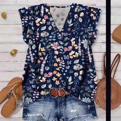 Women Floral Pattern Casual Blouse Shirt Fitting Summer Wear