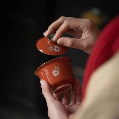 Alum Red Traced Gold Cover Bowl Kung Fu Tea Set Ceramic