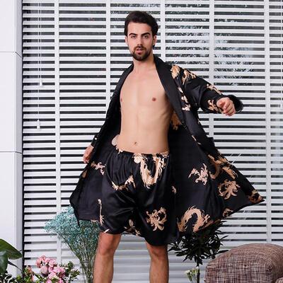 Mens Silk robe Shorts Summer pajamas large size bathrobe