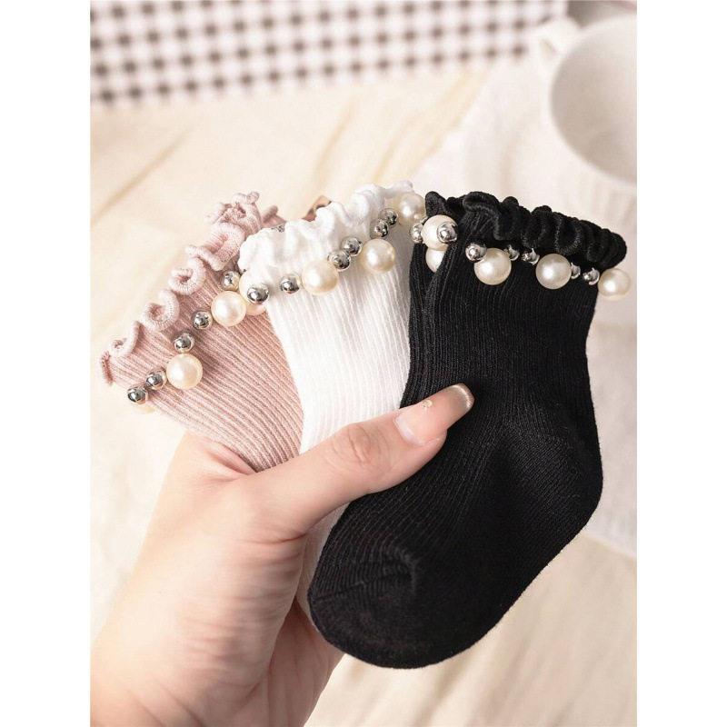 V 18209 Pearl Ruffle Kids Socks 珍珠花边儿童袜跨境速卖通