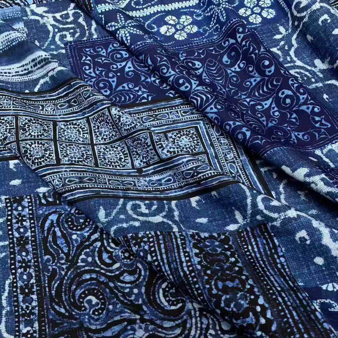 蓝色印花布料拼接风双面印染天丝亚麻料手工DIY定制服装设计