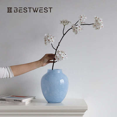 好看法式高级bestwest感蓝色中古插花几花瓶装饰桌面客厅玻璃摆件