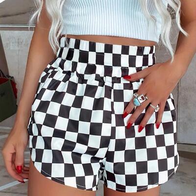 Women Plaid Waist Cinched Shorts Slim Casual Summer Wear