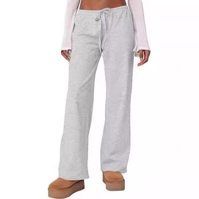 Women Striped Pants Elastic Waist Tie-up Loose Lounge Pants