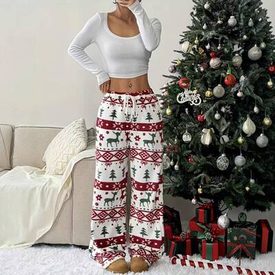 Women Christmas Reindeer Print Fleece Straight Leg Pants