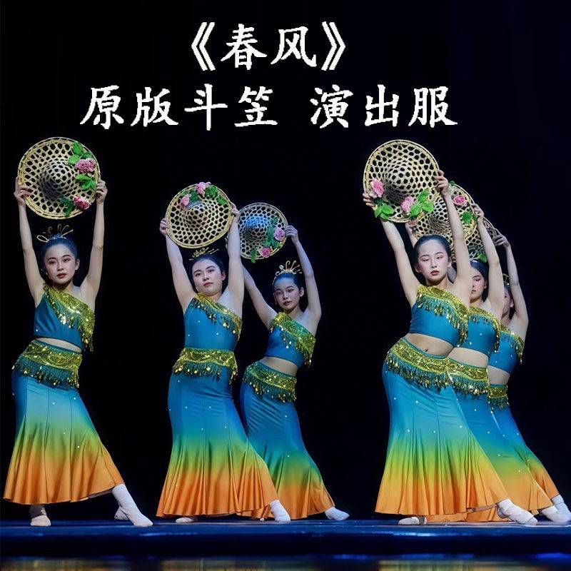 新款春风舞蹈演出服傣族表演服幼儿斗笠道具民族服装孔雀舞鱼尾裙