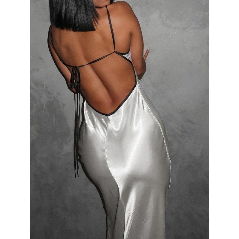 R 29686 V-neck Backless Maxi Dress V领露背吊带长裙