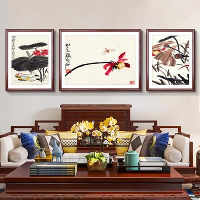 网红白石装饰背画新中式客厅发墙景挂画三联款壁画齐荷花新沙国画