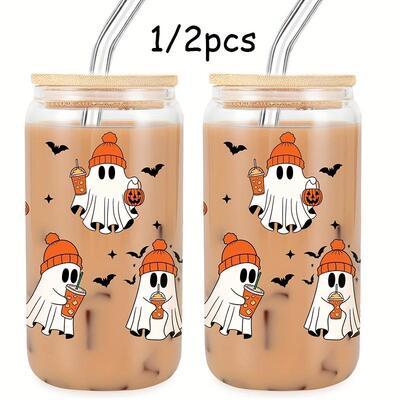 TEMU海外仓新款Glassware杯子杯子带盖的可爱万圣节玻璃杯