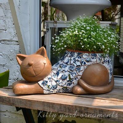 创阳意日式花盆创意可2.12青花青花小猫咪院摆件花盆台庭爱动物造