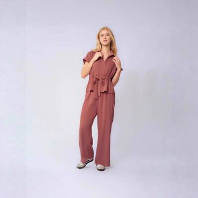 Women Versatile Collared Rolled Up Sleeve Leg Trousers Co