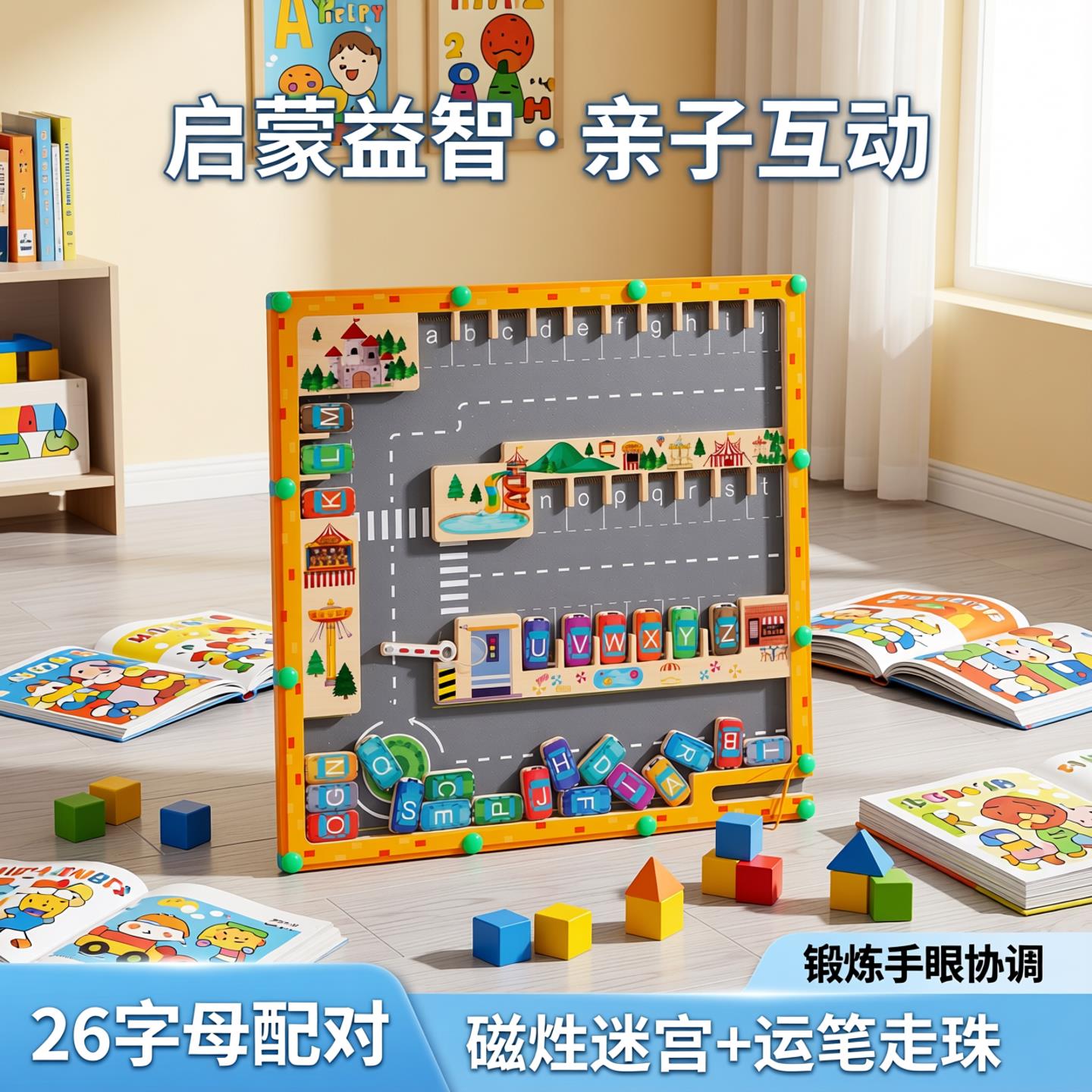启蒙幼儿童木质26英文字母配对汽车分类磁性迷宫运笔走珠益智玩具