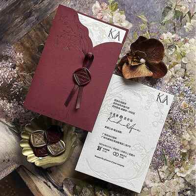 法式婚礼请帖密语森林凸版定制请帖铃兰活版印刷喜帖邀请函酒红色