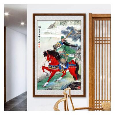 关帝圣君神威图中式玄关茶餐厅装饰画武财神关公国画关羽画像挂画