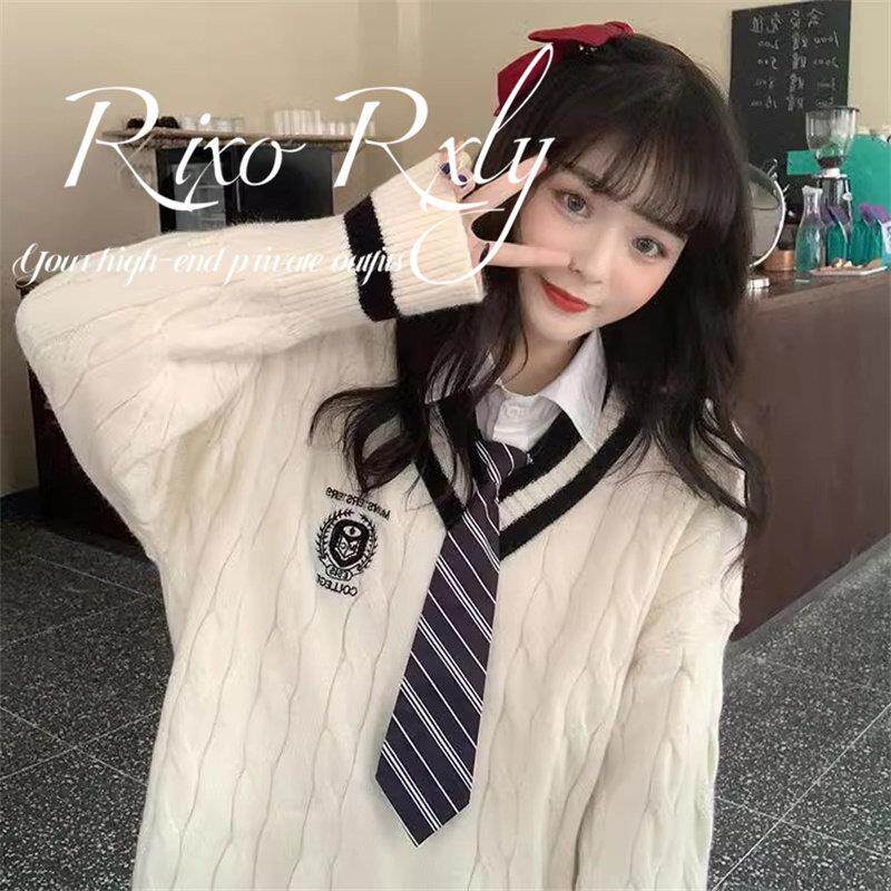 RIXO RXLY英伦学院风V领毛衣套装女春秋季小众甜美领带衬衫两件套
