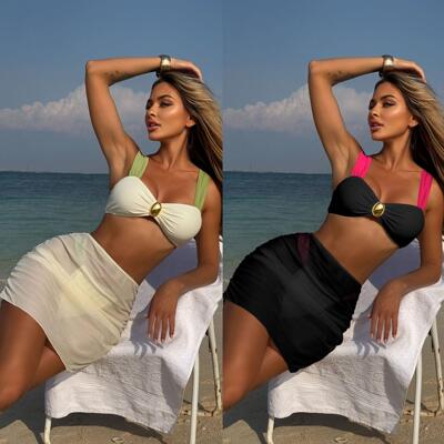 Color blocked split swimsuit, mesh swimsuit, three bikini