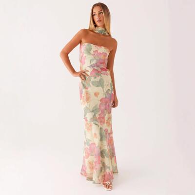 Women Satin Halter Maxi Dress Yellow Deep V Neck Floral