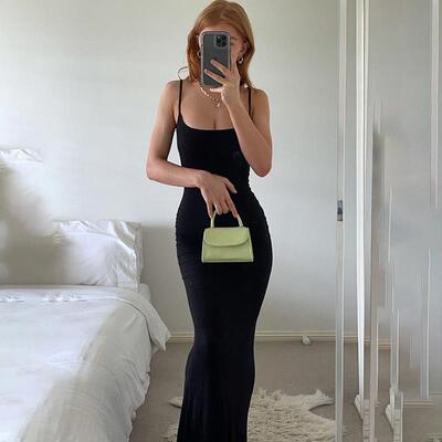 Women Casual Fitted Dress Spaghetti Strap Plain Pattern