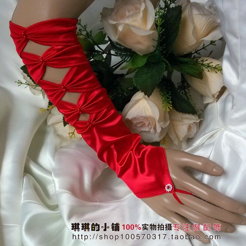 琪琪配饰 红色缎面新娘礼服露指长手套 演出表演舞台装手套配件