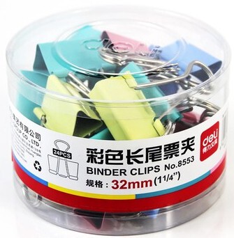 得力彩色长尾票夹 长尾夹 燕尾夹 32MM 8553筒装 24只/盒