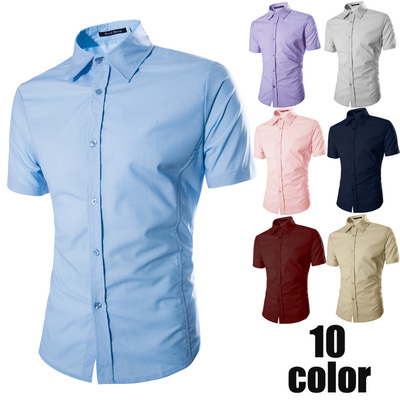 韩版短袖男士修身休闲白色衬衣