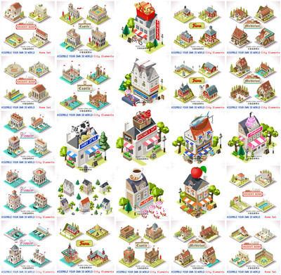 A0110矢量AI设计素材 25张扁平化建筑物Isometric城堡农场古罗马