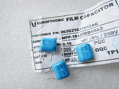 CBB电容184K250 180NF 0.18UF 250V脚距P5全新台湾进口优普