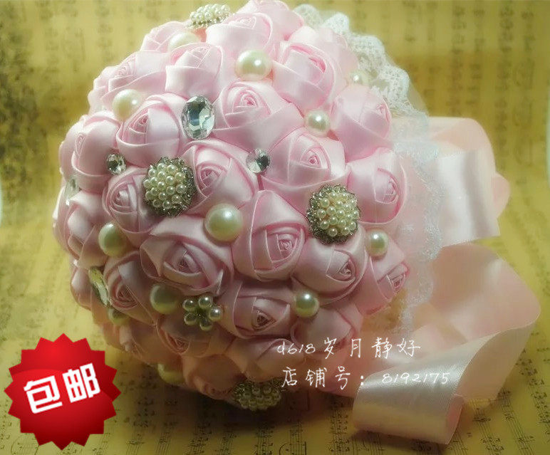 韩式新娘手捧花 手工缎带玫瑰花球 婚礼胸针珍珠水钻半球形包邮