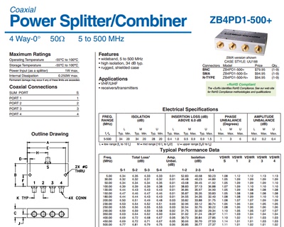 5-500MHz 射频一分四功分器 代替 ZB4PD1-500+  Mini-Circuits