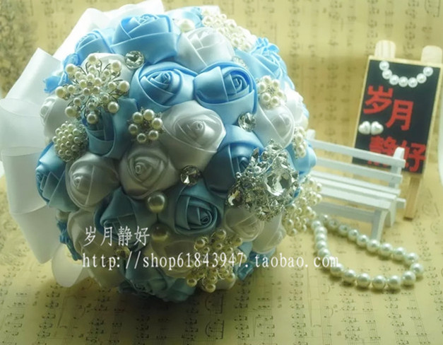 缎带手捧花 新娘手捧花diy 手工缎带玫瑰花珍珠胸针婚礼拍摄道具
