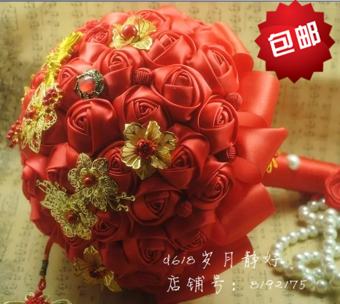 包邮中国风定制手捧花红色秀禾手捧花中式婚礼新娘手捧花盘扣流苏