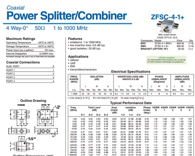 1-1000MHz 射频同轴一分四功分器 代替 ZFSC-4-1 Mini-Circuits