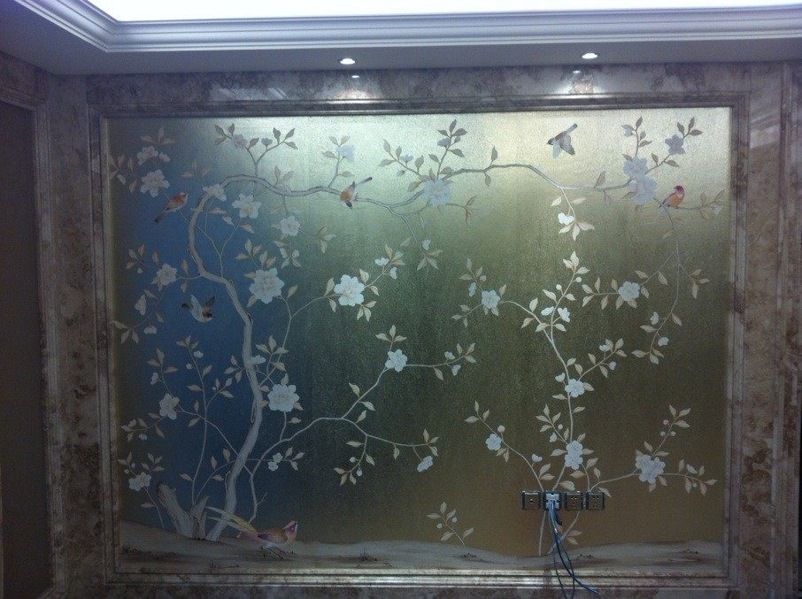 金箔新款作旧手绘墙纸背景墙香槟箔手工花鸟电视背景墙纸