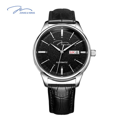 JONAS&VERUS唯路时手表男全自动机械腕表真皮革表带防水黑色商务