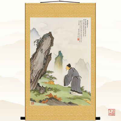 米颠拜石图 米芾历史人物画像 绢布卷轴挂画书房复古装饰画定制
