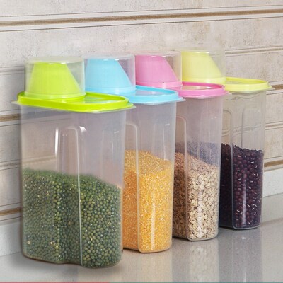 A plurality of plastic storage boxes for kitchen articles
