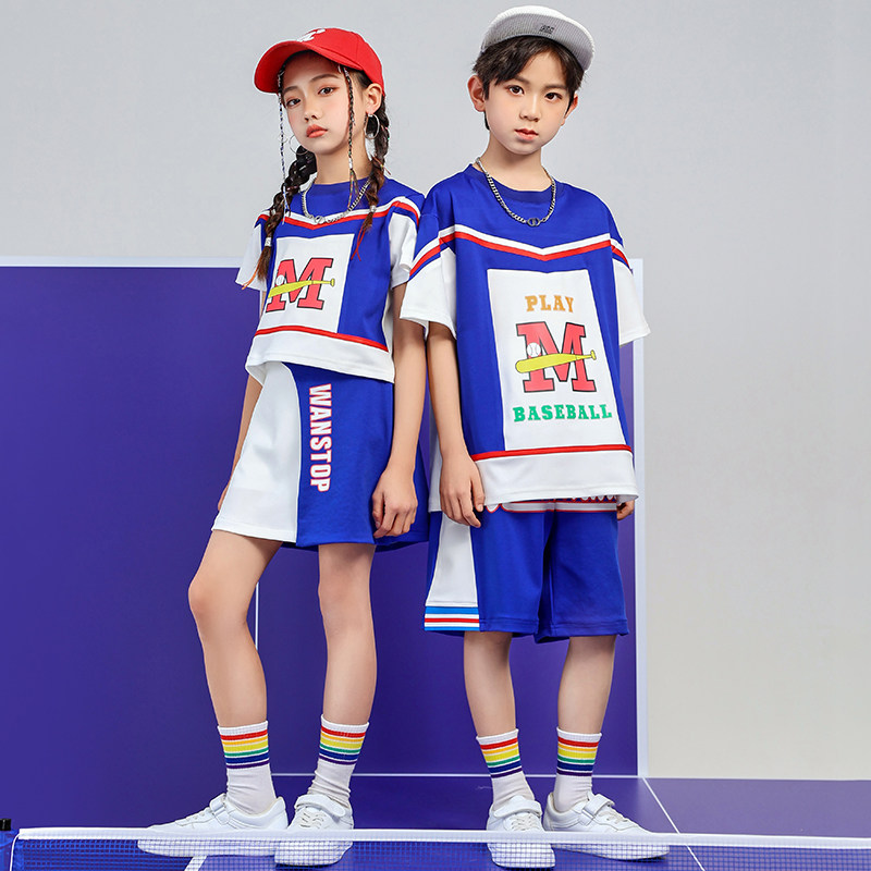 现货女孩啦啦队服装爵士舞蹈练功服幼儿街舞潮服蓝色套装小学生啦