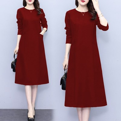 红色连衣裙2024新款女春秋小个子妈妈洋气长袖喜婆婆婚宴装连身裙