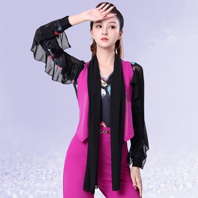 吉特巴舞蹈服新款飘带马甲女式水兵舞烫钻马夹三步踩外搭跳舞坎肩