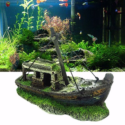 Small Landscaped Aquarium Pirate Fish Tank Boat Artificial O