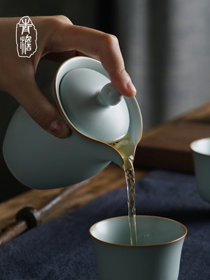 手工汝窑手抓壶陶瓷茶壶茶杯套装家用便携景德镇功夫茶具青瓷复古