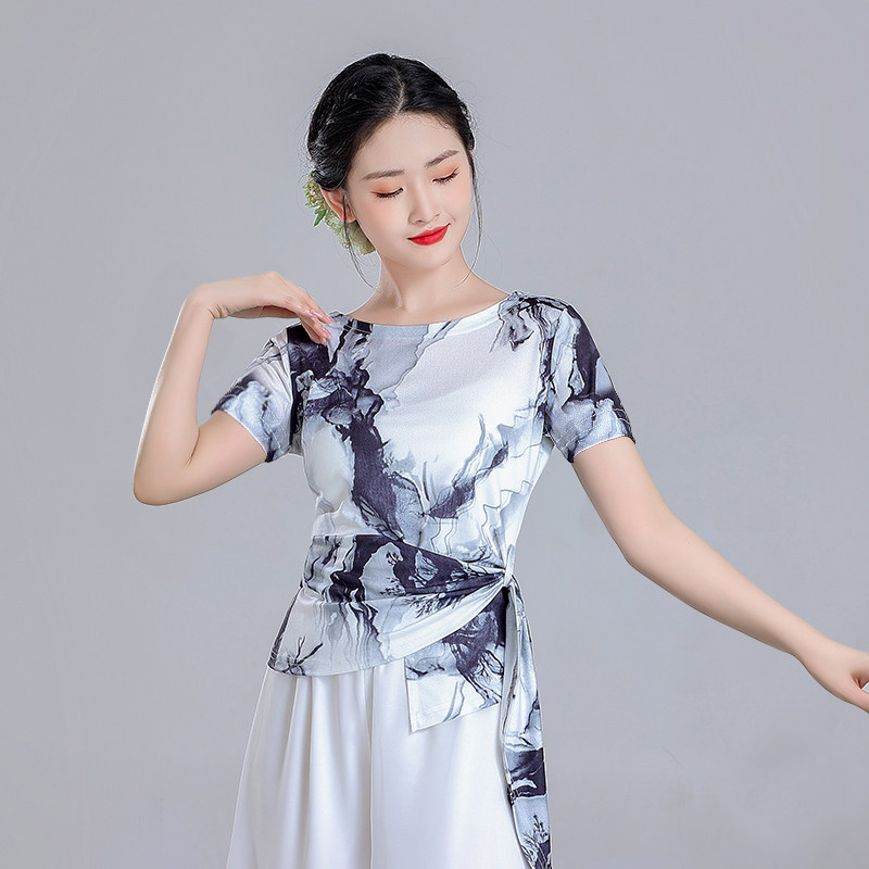 新款古典舞服装上衣女水墨短袖新款中国民族现代舞练功服广场舞演