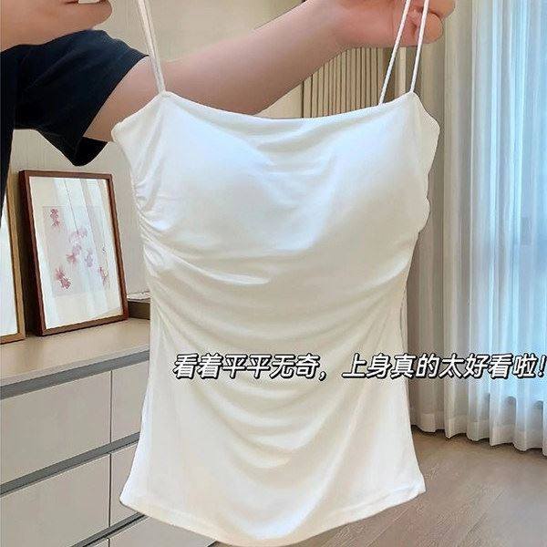大码褶皱白色吊带背心女内搭带胸垫一体美背纯欲风外穿上衣胖mm