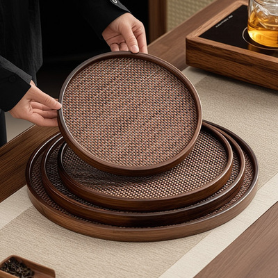 轻奢高档托盘胡桃木竹木质商用点心收纳餐盘木质托盘圆形竹子圆盘