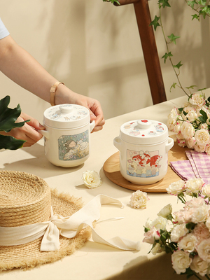 蓝莲花羡鸟文社陶瓷炖盅隔水炖家用可爱瓦罐汤燕窝专用蒸蛋碗炖罐