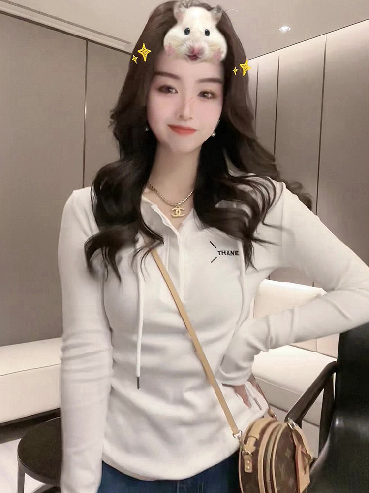 连帽长袖t恤女卫衣春秋新款欧货修身显瘦纯欲风休闲短款打底上衣