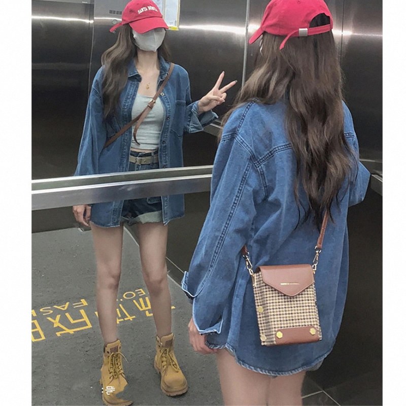 慵懒风蓝色牛仔衬衫女春秋季欧货打底小衫长袖上衣衬衣中长款外套