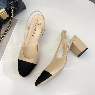 包凉头女高仙女鞋风2024年新款春夏季95871百搭小香风拼色跟鞋粗