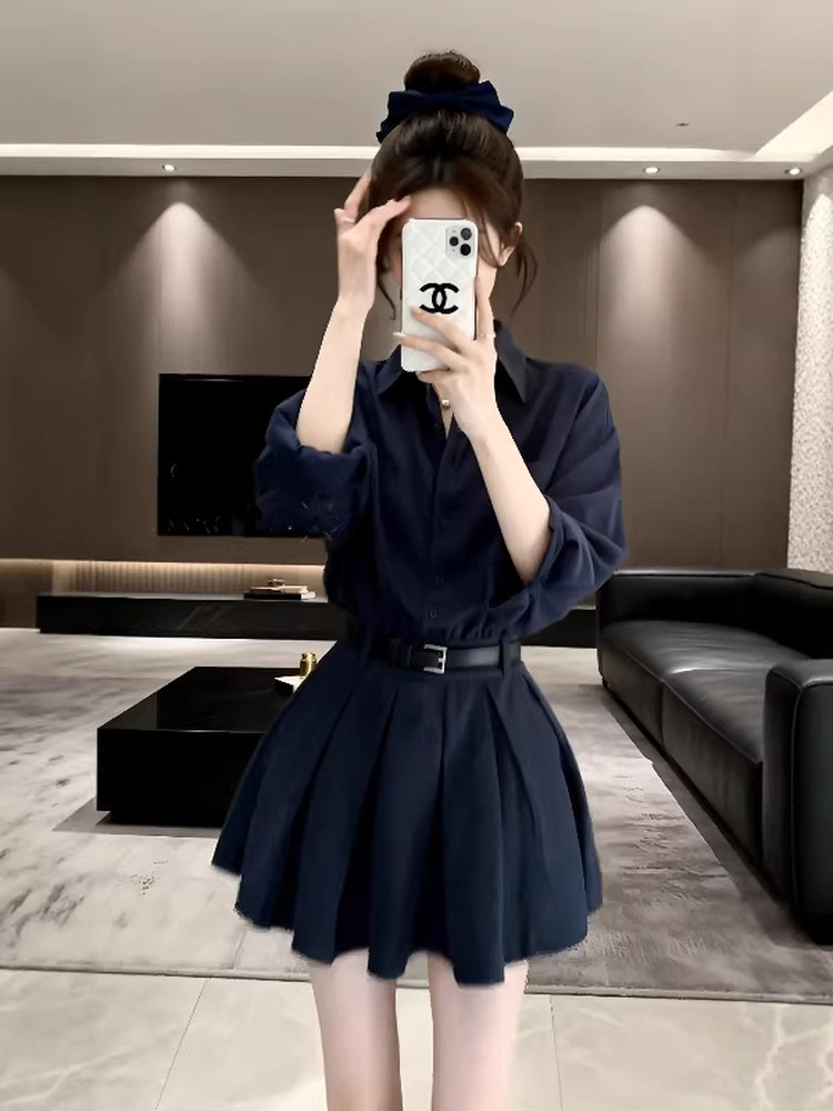 韩系设计感收腰显瘦衬衫裙子连衣裙春季衬衣小个子短裙polo工装裙